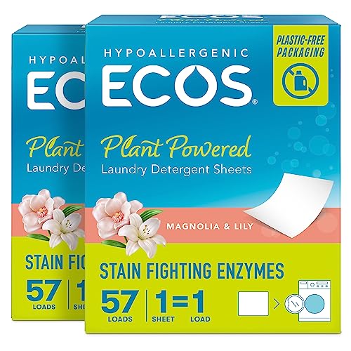 ECOS Laundry Detergent Sheets - Vegan, No Plastic Jug, No Mess & Liquid Free - Laundry Sheets in Washer - Hypoallergenic, Plant Powered Laundry Detergent Sheets - Magnolia & Lily, 57 Count (Pack of 2)