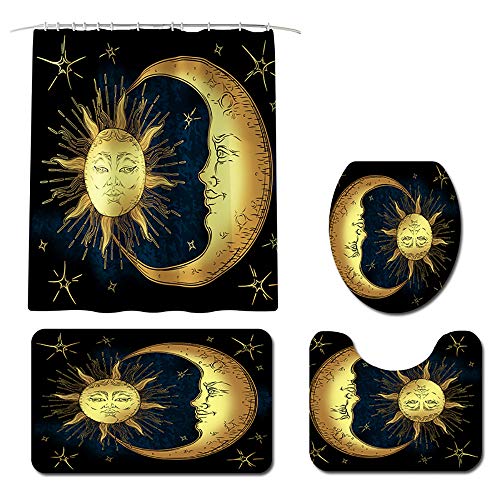 4PCS/Set Sun and Moon Print Pattern Shower Curtains Sets Polyester Waterproof Bathroom Shower Curtain Sets Non-Slip Bathroom Rugs Bath Mat Set Toilet Lid Cover+12 Hooks, Boho