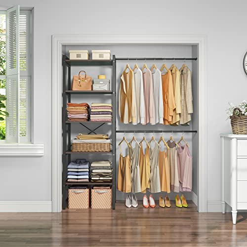 Timate P6i Heavy Duty Garment Rack Clothes Rack Adjustable Walk in Closet Organizer System Wall Mounted Closet Organizer Kit Expandable Hanging Rod 5-Tier Closet Storage Shelves, Fit 6-9ft Space Black