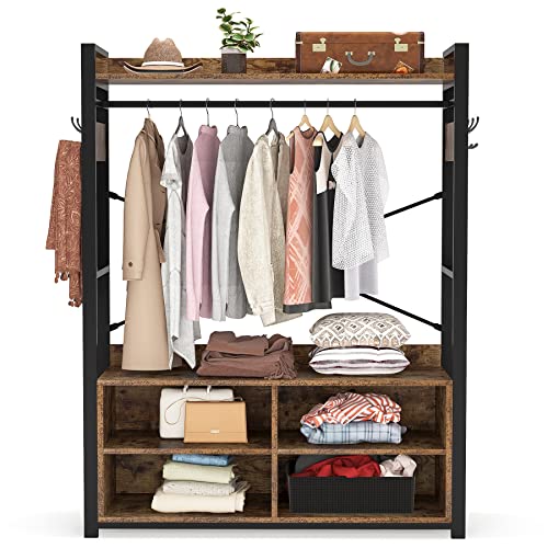 Tribesigns Free-standing Closet Clothing Rack, Metal Closet Organizer System with Shelves and Hooks, Heavy Duty Clothes Garment Rack Shelving for Bedroom , Laundry, Mushroom, Walk-in Closet (RUSTIC)