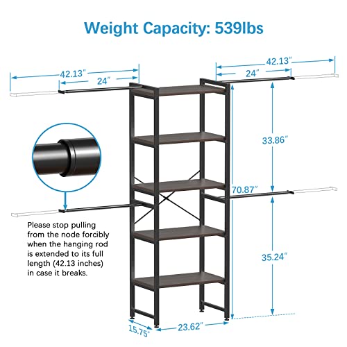 Timate P6i Heavy Duty Garment Rack Clothes Rack Adjustable Walk in Closet Organizer System Wall Mounted Closet Organizer Kit Expandable Hanging Rod 5-Tier Closet Storage Shelves, Fit 6-9ft Space Black