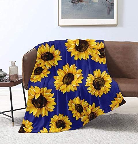 Positive Sunflower Blanket Gifts for Girls Boy, Blue Floral Throw Blanket Sunflower Gift for Sunflower Lover Decor Plush Soft Lightweight Flannel Fleece Blankets for Sofa Couch Chair 60x50In Teens