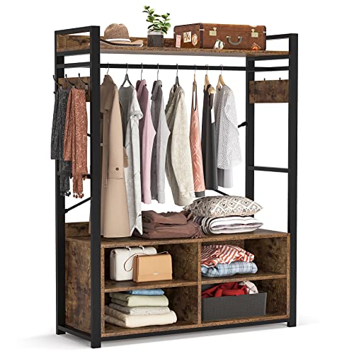 Tribesigns Free-standing Closet Clothing Rack, Metal Closet Organizer System with Shelves and Hooks, Heavy Duty Clothes Garment Rack Shelving for Bedroom , Laundry, Mushroom, Walk-in Closet (RUSTIC)
