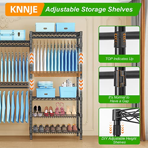 KnnJe S8 Portable Wardrobe Rack Heavy Duty Clothes Rack with 2 Shoes Racks & Fabric Drawers, 1 side hook, Metal Clothing Racks for Hanging Clothes, 70.6" L x 15.8" W x 76.8" H, 816lbs Max Load, Black