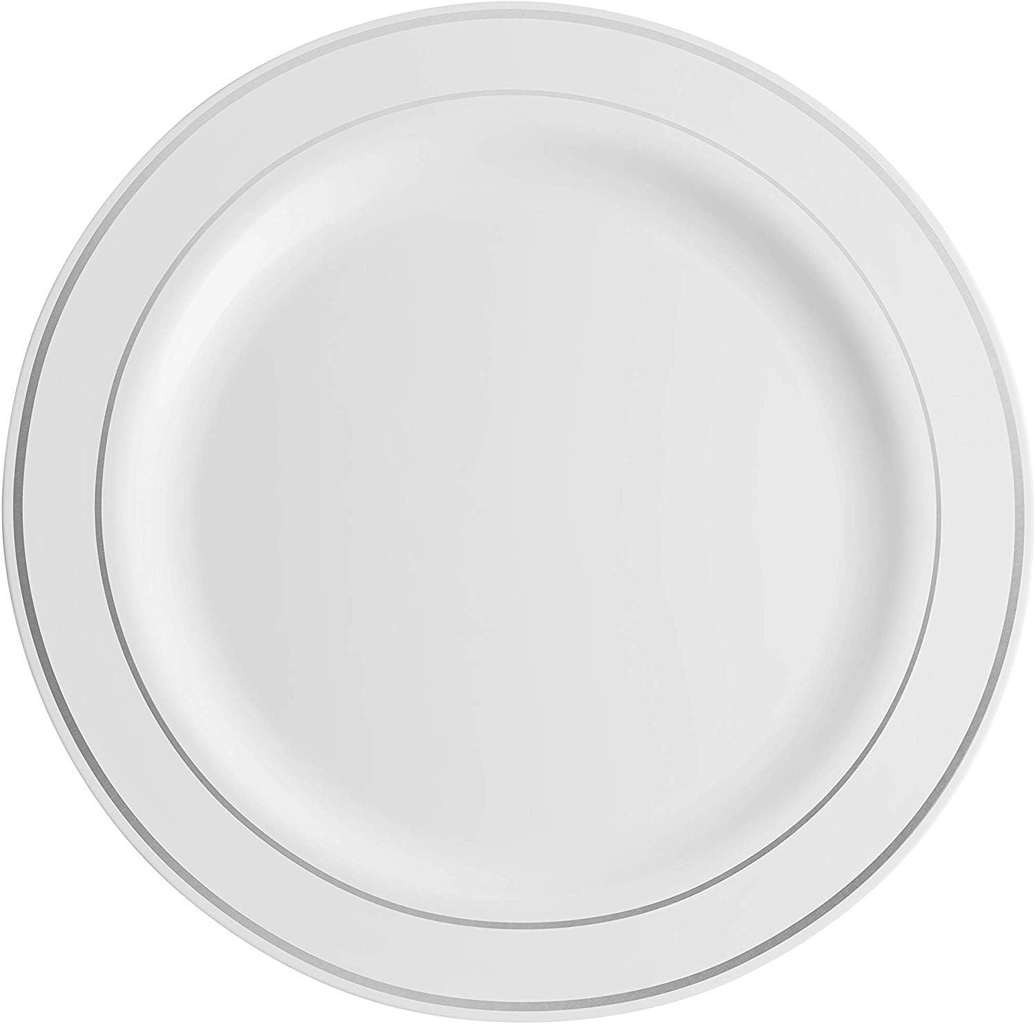 Munfix 100 Silver Plastic Plates Set, 10.25 Inch Plastic Dinner Plates, Fancy Disposable Plates, Heavy Duty Party Plates, Elegant Wedding Plates, White with Silver Rim