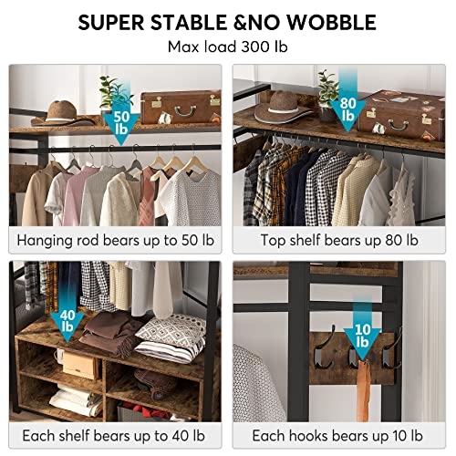 Tribesigns Free-standing Closet Clothing Rack, Metal Closet Organizer System with Shelves and Hooks, Heavy Duty Clothes Garment Rack Shelving for Bedroom , Laundry, Mushroom, Walk-in Closet (RUSTIC)