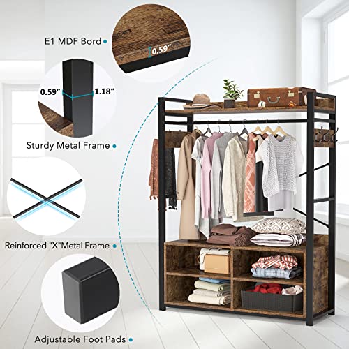 Tribesigns Free-standing Closet Clothing Rack, Metal Closet Organizer System with Shelves and Hooks, Heavy Duty Clothes Garment Rack Shelving for Bedroom , Laundry, Mushroom, Walk-in Closet (RUSTIC)