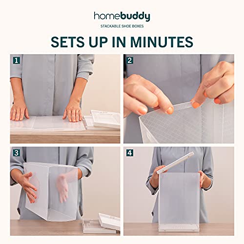 HomeBuddy Shoe Organizer for Closet - 12 Pack Shoe Boxes Clear Plastic Stackable Bins, Clear Shoe Boxes Stackable with Lids, Sneakers Storage Case, Zapateras Organizer for Shoes, Closet Shoe Organizer