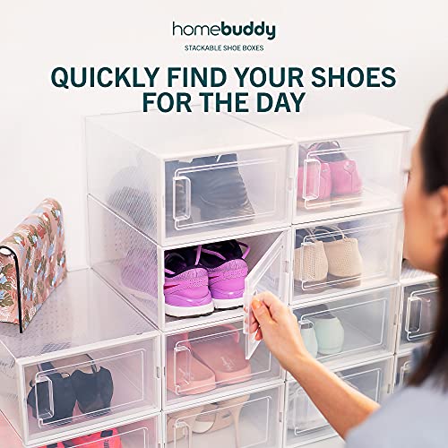 HomeBuddy Shoe Organizer for Closet - 12 Pack Shoe Boxes Clear Plastic Stackable Bins, Clear Shoe Boxes Stackable with Lids, Sneakers Storage Case, Zapateras Organizer for Shoes, Closet Shoe Organizer