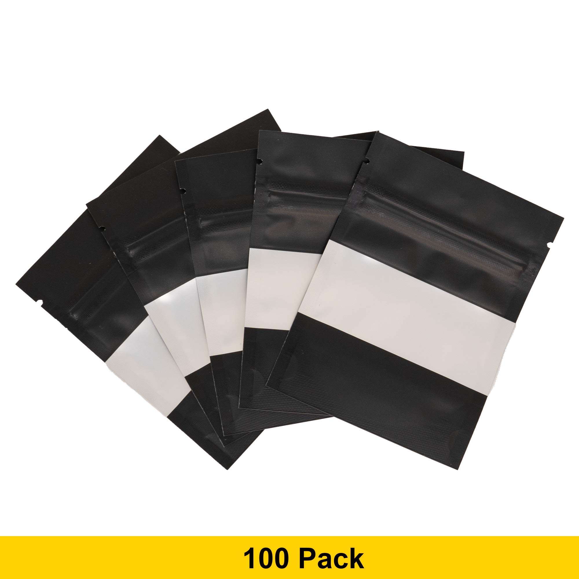 Premium.PKG | 100 Smell Proof, White Pro Quality Mylar Bags | 130 Micron (5 mil) Foil | Stand Up Pouch with Resealable Ziplock and Clear Window | For Food, Small Items and More… (Matte Black 3x4")