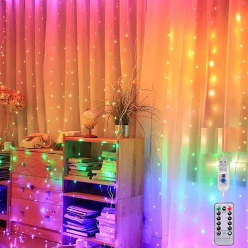 Honche Led Curtain Lights 300 LED 8 Modes USB with Remote for Home Room Bedroom Wedding Party Vacation Window Wall Decorations Room Decor (Rainbow Color)