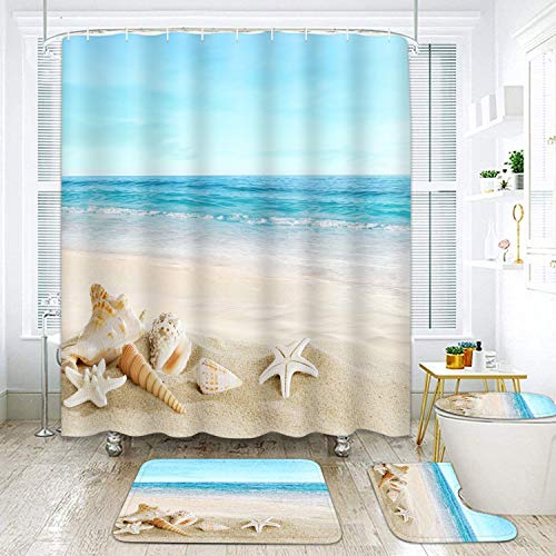 Britimes 4 Piece Shower Curtain Sets, with 12 Hooks, Coastal Sea Seashell Landscape with Non-Slip Rugs, Toilet Lid Cover and Bath Mat, Durable and Waterproof, for Bathroom Decor Set, 72" x 72"