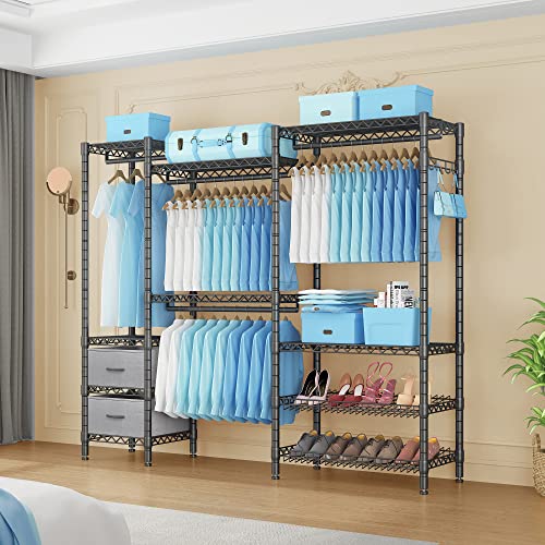 KnnJe S8 Portable Wardrobe Rack Heavy Duty Clothes Rack with 2 Shoes Racks & Fabric Drawers, 1 side hook, Metal Clothing Racks for Hanging Clothes, 70.6" L x 15.8" W x 76.8" H, 816lbs Max Load, Black