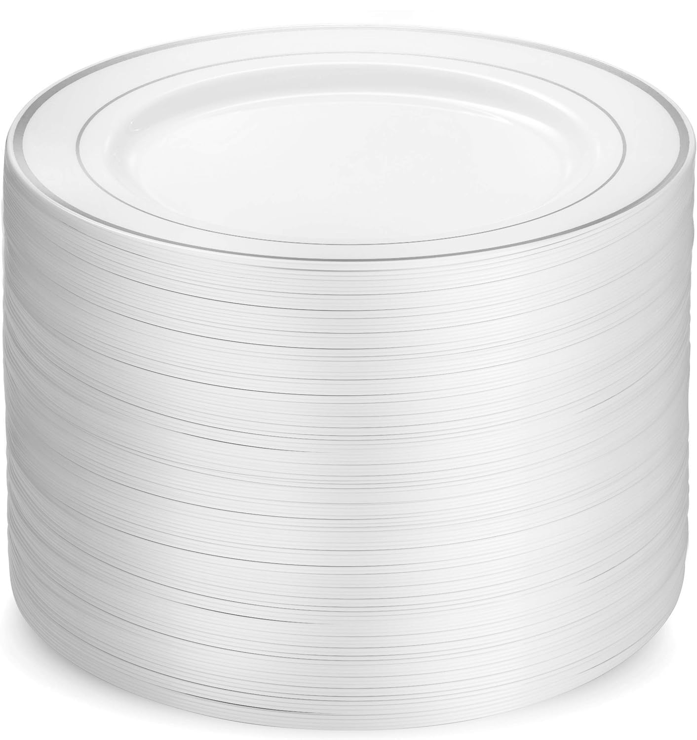 Munfix 100 Silver Plastic Plates Set, 10.25 Inch Plastic Dinner Plates, Fancy Disposable Plates, Heavy Duty Party Plates, Elegant Wedding Plates, White with Silver Rim