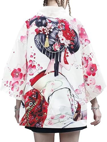LAI MENG FIVE CATS Women's Floral Print Puff Sleeve Loose Blouse Japanese Kimono Cover up Casual Cute Tops