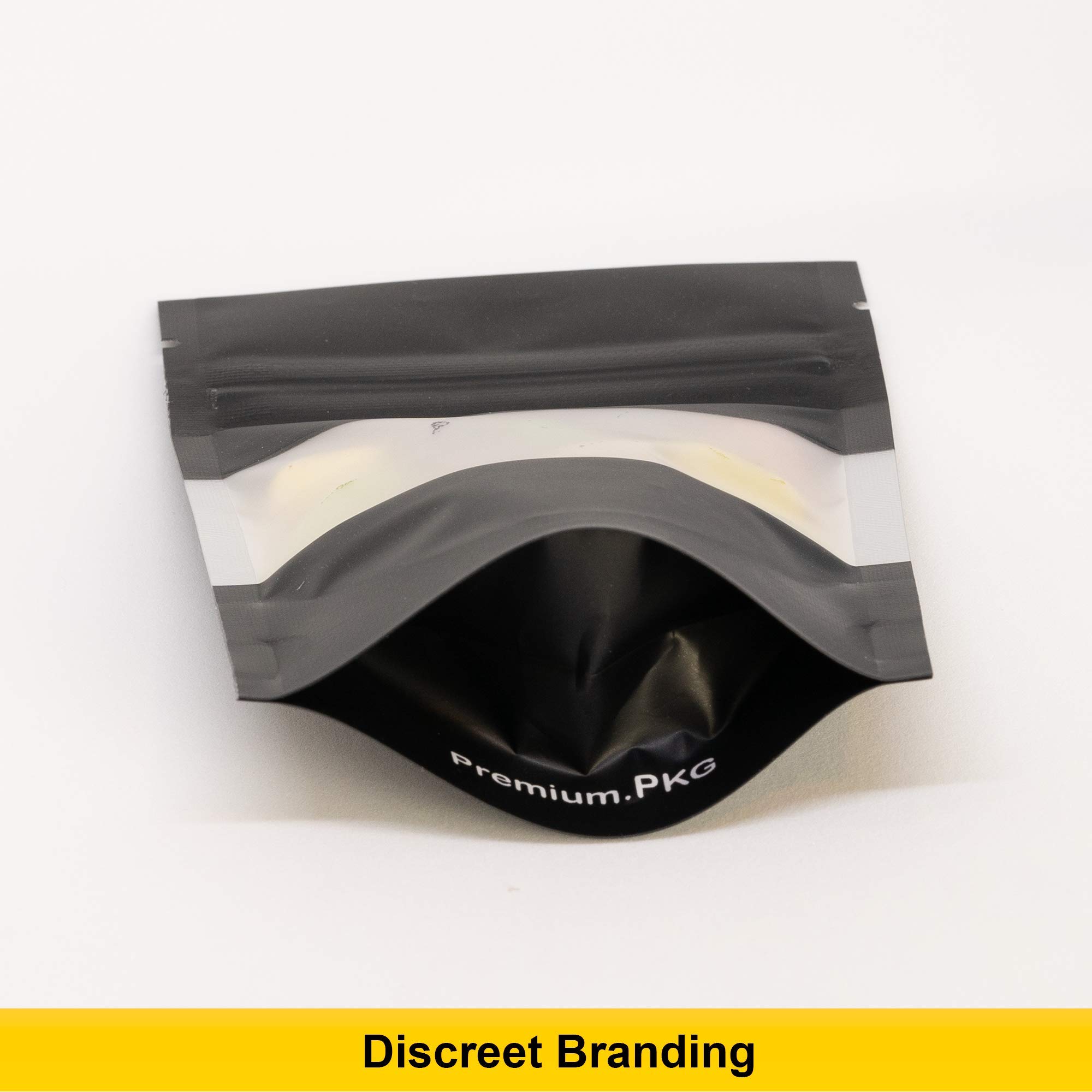 Premium.PKG | 100 Smell Proof, White Pro Quality Mylar Bags | 130 Micron (5 mil) Foil | Stand Up Pouch with Resealable Ziplock and Clear Window | For Food, Small Items and More… (Matte Black 3x4")