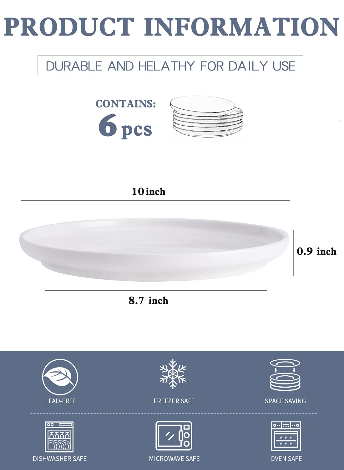 Kanwone Porcelain Dinner Plates - 10 Inch - Set of 6, White, Microwave and Dishwasher Safe Plates, White Dishes, Morden Plates
