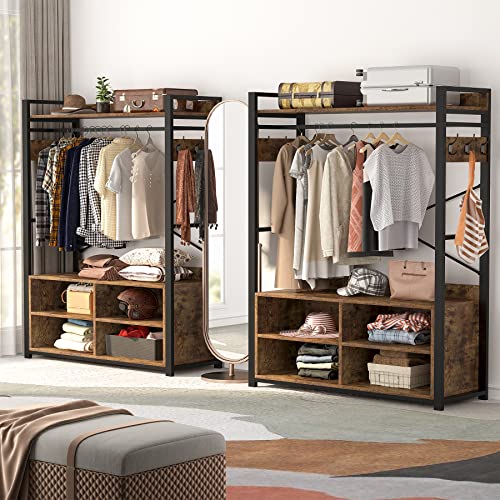Tribesigns Free-standing Closet Clothing Rack, Metal Closet Organizer System with Shelves and Hooks, Heavy Duty Clothes Garment Rack Shelving for Bedroom , Laundry, Mushroom, Walk-in Closet (RUSTIC)