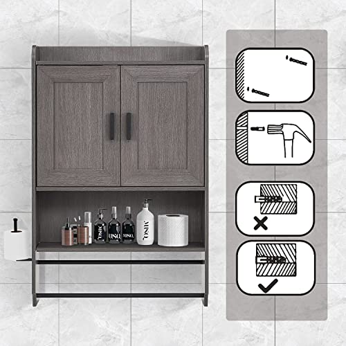 apexnova Bathroom Wall Cabinet, Wooden Medicine Cabinet Over The Toilet with Adjustable Inner Shelf, Wall Mounted Cabinet with Doors for Bathroom Storage, Hanging Cabinet for Wall with Towels Bar