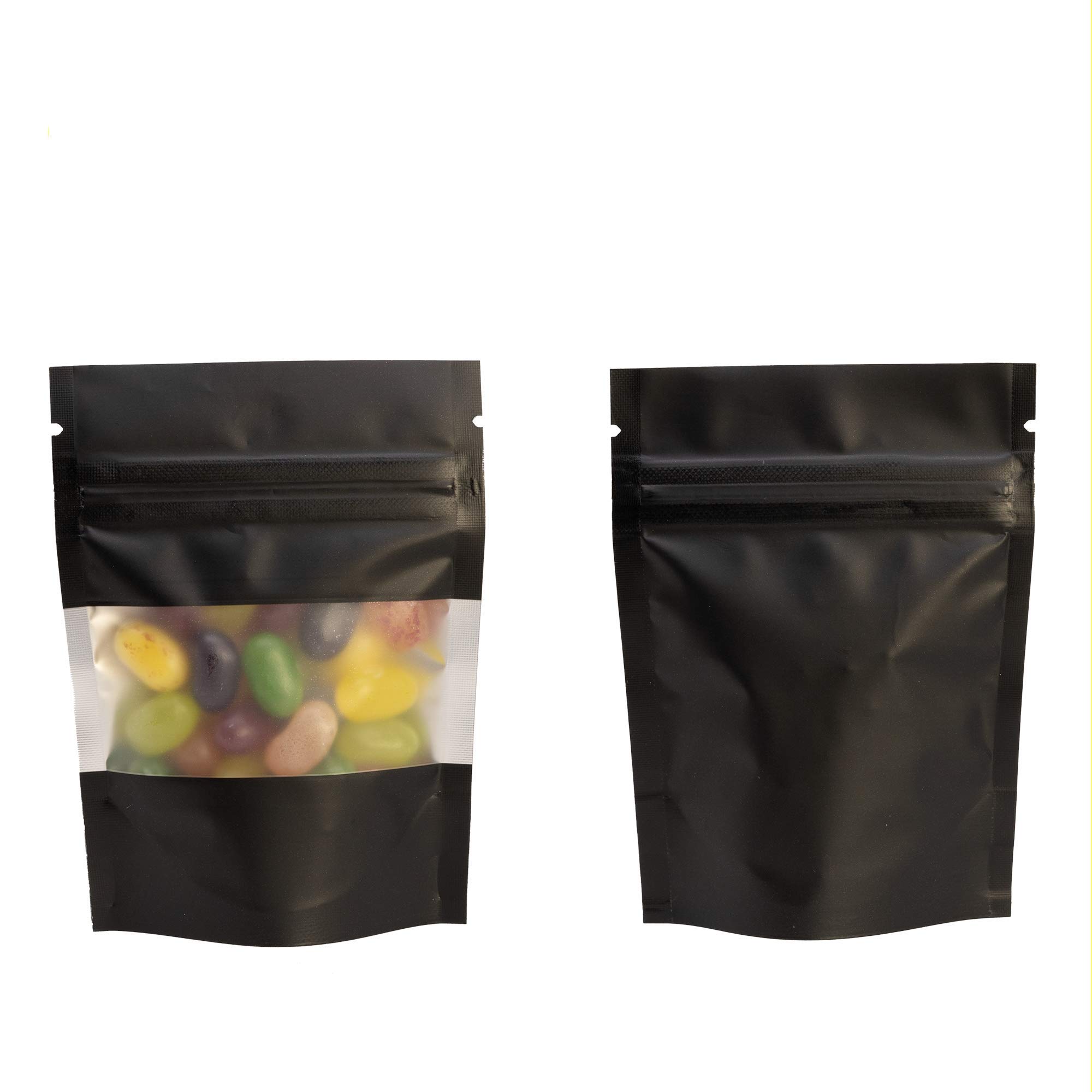 Premium.PKG | 100 Smell Proof, White Pro Quality Mylar Bags | 130 Micron (5 mil) Foil | Stand Up Pouch with Resealable Ziplock and Clear Window | For Food, Small Items and More⦠(Matte Black 3x4")