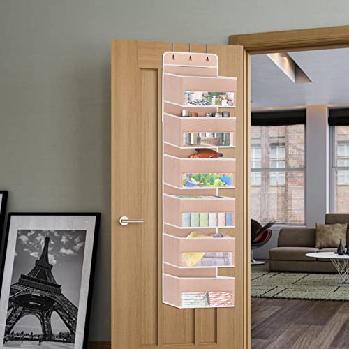 Vaisoz Over The Door Organizer,6 Large Pockets Fabric Over The Door Storage with Mesh Perspective Window,Wall Mount Organizer Hanging for Closet Nursery,Baby Storage(Pink), 5.1D x 12.2W x 60.2H in
