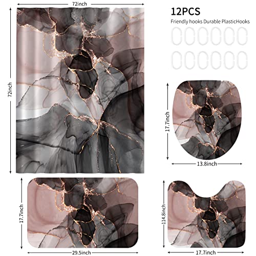 Seorsok Pink Gold Marble Shower Curtain Sets 4 Piece with Rugs,Black Pink Gold Bathroom Sets with Shower Curtain and Rugs and Accessories, Modern Bathroom Decor with Bath Mats and 12 Plastic Hooks
