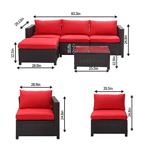 Patio Sofa Furniture Sets 5 Piece, Outdoor PE Wicker Rattan Conversation Sofa Set with Coffee Table, Wine Red (Black Rattan)