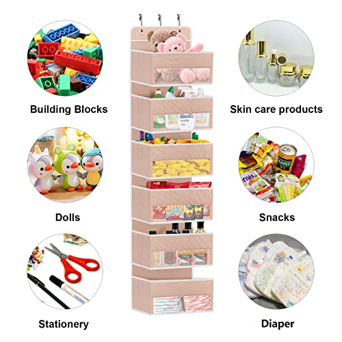 Vaisoz Over The Door Organizer,6 Large Pockets Fabric Over The Door Storage with Mesh Perspective Window,Wall Mount Organizer Hanging for Closet Nursery,Baby Storage(Pink), 5.1D x 12.2W x 60.2H in