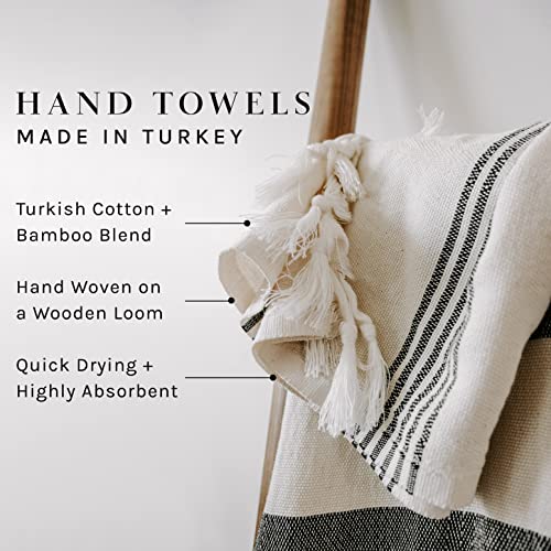 Sweet Water Decor Turkish Cotton and Bamboo Hand Towel | Large Size 19 x 35 inches | Cream with Decorative Stripes | Bathroom, Kitchen, Dish, or Baby Towel (Savannah - 5 Black Stripes)