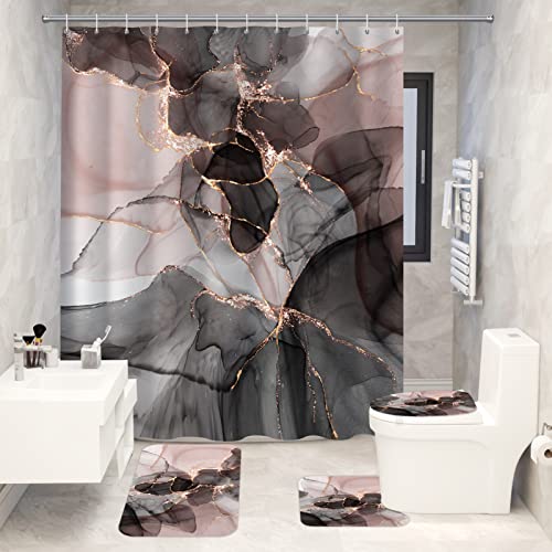 Seorsok Pink Gold Marble Shower Curtain Sets 4 Piece with Rugs,Black Pink Gold Bathroom Sets with Shower Curtain and Rugs and Accessories, Modern Bathroom Decor with Bath Mats and 12 Plastic Hooks
