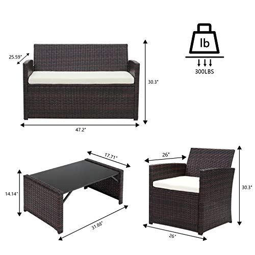 4 Pieces Outdoor Patio Furniture Set Brown Wicker Rattan Cousioned Sectional Conversation Sofa with Coffee Tea Table for Backyard Porch Garden Poolside Balcony Beige