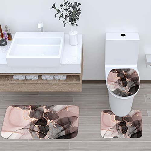 Seorsok Pink Gold Marble Shower Curtain Sets 4 Piece with Rugs,Black Pink Gold Bathroom Sets with Shower Curtain and Rugs and Accessories, Modern Bathroom Decor with Bath Mats and 12 Plastic Hooks