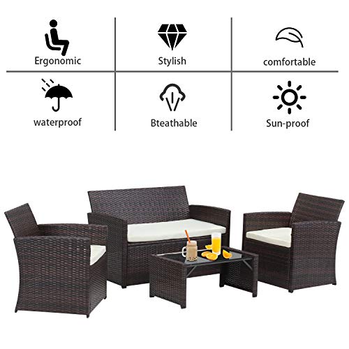 4 Pieces Outdoor Patio Furniture Set Brown Wicker Rattan Cousioned Sectional Conversation Sofa with Coffee Tea Table for Backyard Porch Garden Poolside Balcony Beige