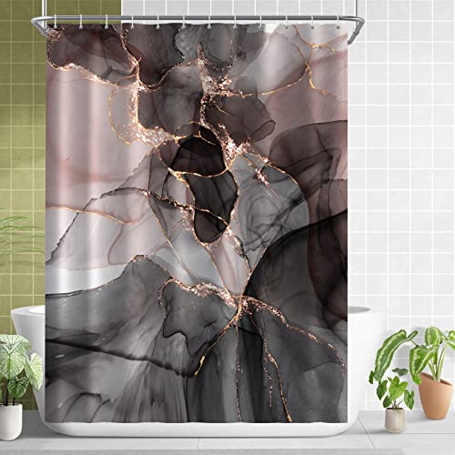 Seorsok Pink Gold Marble Shower Curtain Sets 4 Piece with Rugs,Black Pink Gold Bathroom Sets with Shower Curtain and Rugs and Accessories, Modern Bathroom Decor with Bath Mats and 12 Plastic Hooks
