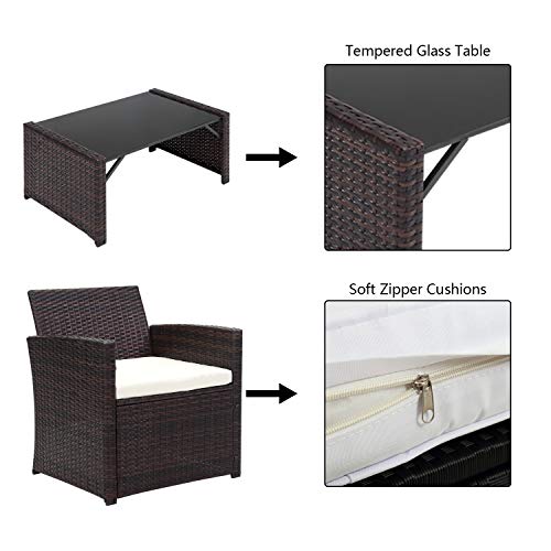 4 Pieces Outdoor Patio Furniture Set Brown Wicker Rattan Cousioned Sectional Conversation Sofa with Coffee Tea Table for Backyard Porch Garden Poolside Balcony Beige