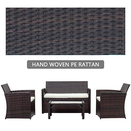 4 Pieces Outdoor Patio Furniture Set Brown Wicker Rattan Cousioned Sectional Conversation Sofa with Coffee Tea Table for Backyard Porch Garden Poolside Balcony Beige