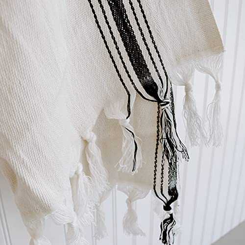 Sweet Water Decor Turkish Cotton and Bamboo Hand Towel | Large Size 19 x 35 inches | Cream with Decorative Stripes | Bathroom, Kitchen, Dish, or Baby Towel (Savannah - 5 Black Stripes)