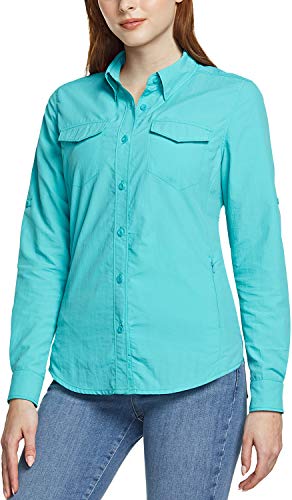 CQR Women's UPF 50+ Long Sleeve Hiking Shirts, Quick Dry Outdoor UV/Sun Protection Button Down Shirts, Dry Fit Fishing Shirts Teal, Large