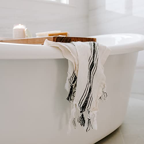 Sweet Water Decor Turkish Cotton and Bamboo Hand Towel | Large Size 19 x 35 inches | Cream with Decorative Stripes | Bathroom, Kitchen, Dish, or Baby Towel (Savannah - 5 Black Stripes)