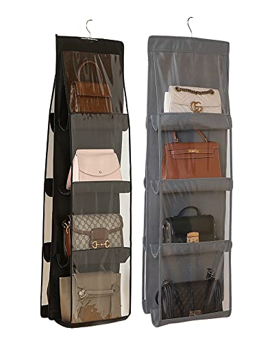RAUYIVANY 2 Packs Hanging Handbag Purse Organizer, Hanging Purse Organizer Bag Storage Hanger Closet Organizer with Metal Hook, 8 Clear Pockets for Home Closet Bedroom(Grey and Black)