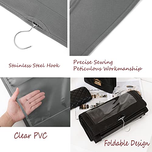 RAUYIVANY 2 Packs Hanging Handbag Purse Organizer, Hanging Purse Organizer Bag Storage Hanger Closet Organizer with Metal Hook, 8 Clear Pockets for Home Closet Bedroom(Grey and Black)
