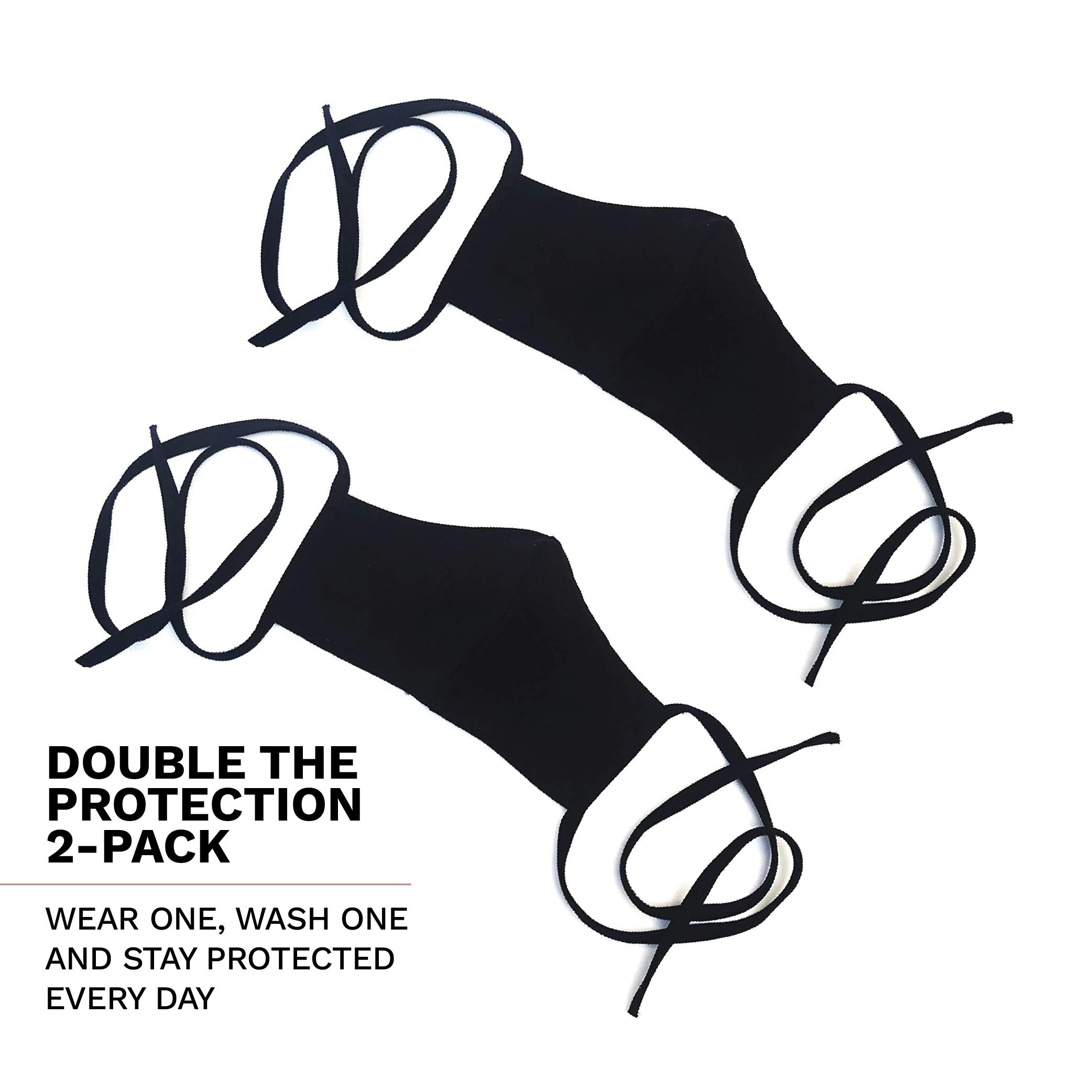 Cotton Face Masks with Long Tie Behind Straps | Dust Mask for Travel & Work | Black | 2 Pack