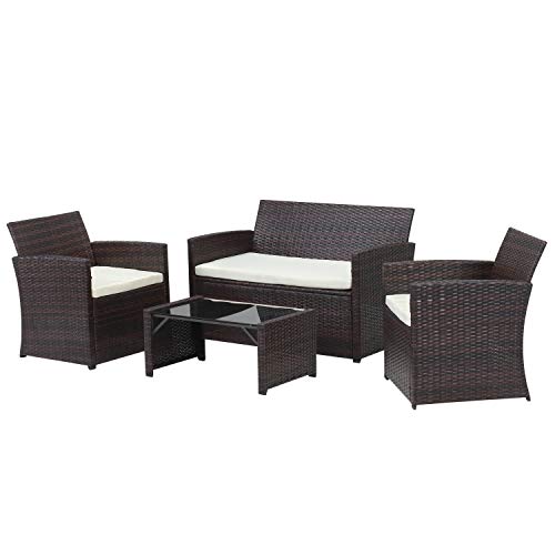 4 Pieces Outdoor Patio Furniture Set Brown Wicker Rattan Cousioned Sectional Conversation Sofa with Coffee Tea Table for Backyard Porch Garden Poolside Balcony Beige