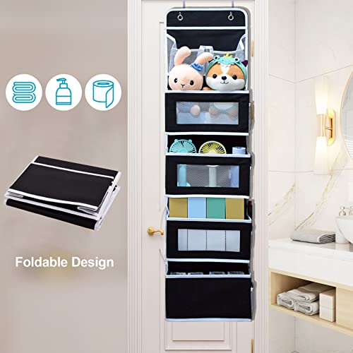 Aeeteek 1 Pack Hanging Closet Organizer 5-Shelf Over The Door Shoe Organizer Wall Mount Storage Bag Containers 49.2 * 13 * 5.5 Inches Large Capacity Collapsible Shelves Drawers (Black)