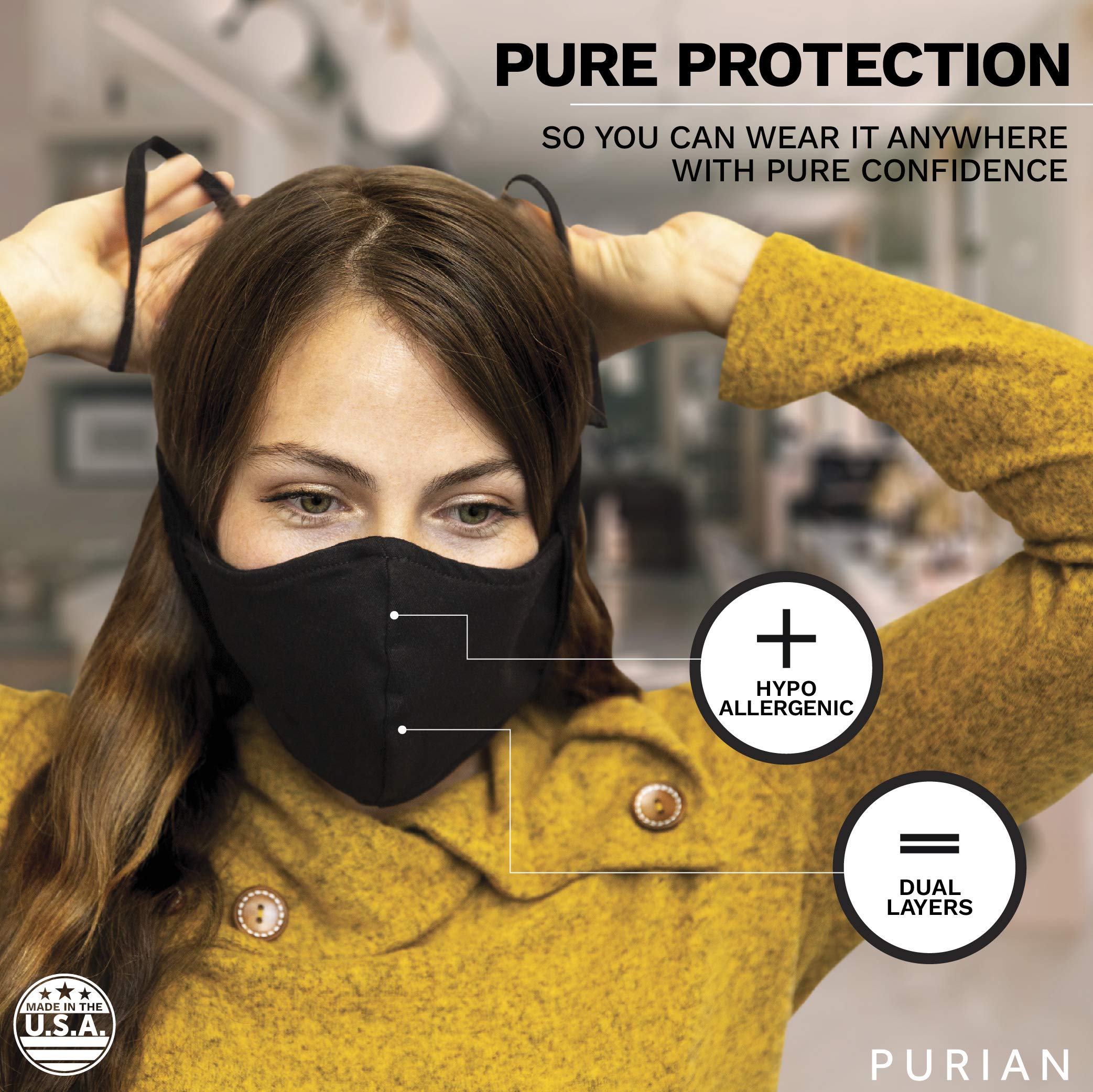 Cotton Face Masks with Long Tie Behind Straps | Dust Mask for Travel & Work | Black | 2 Pack