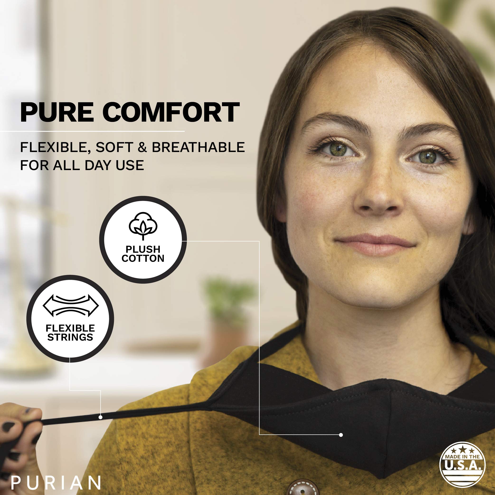 Cotton Face Masks with Long Tie Behind Straps | Dust Mask for Travel & Work | Black | 2 Pack