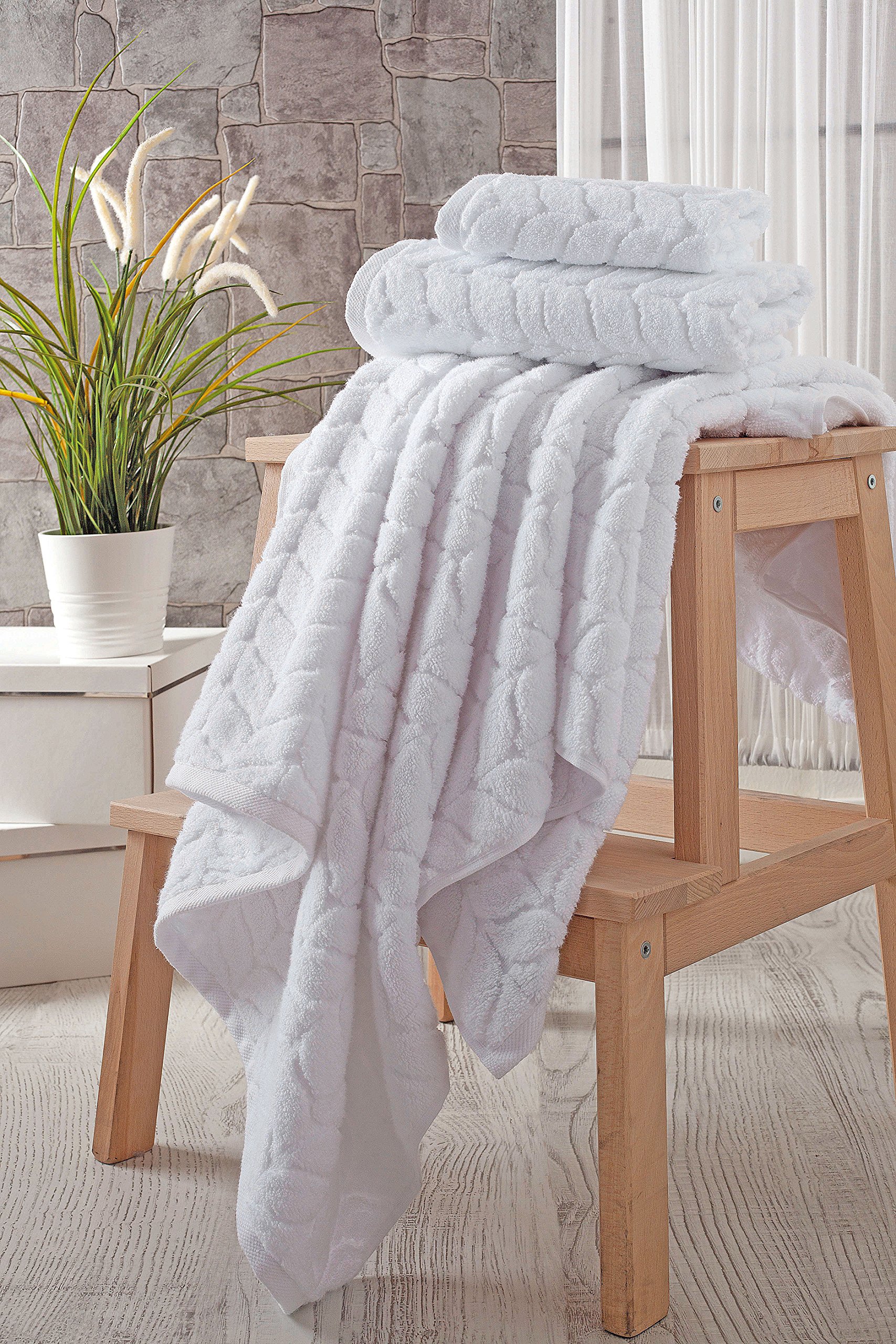 BAGNO MILANO Turkish Bath Towels, Soft Plush Jacquard Luxury Bath Towels, Quick Dry Towel Set (White, 6 pcs Towel Set)