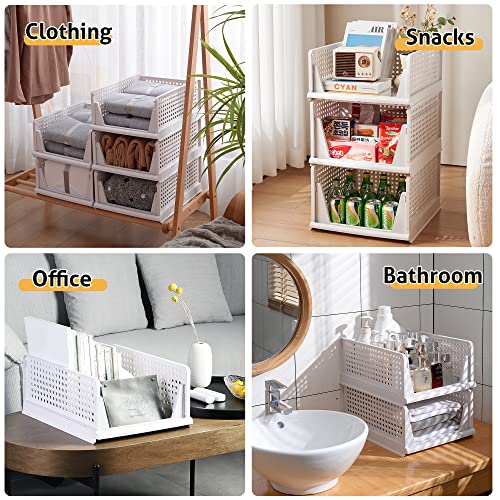 WDPUCHU Stackable Plastic Storage Basket-Foldable Closet Organizers and Storage Bins - Drawer Shelf Storage Container for Wardrobe Cupboard Kitchen Bathroom Office (White Large-4 Pack)