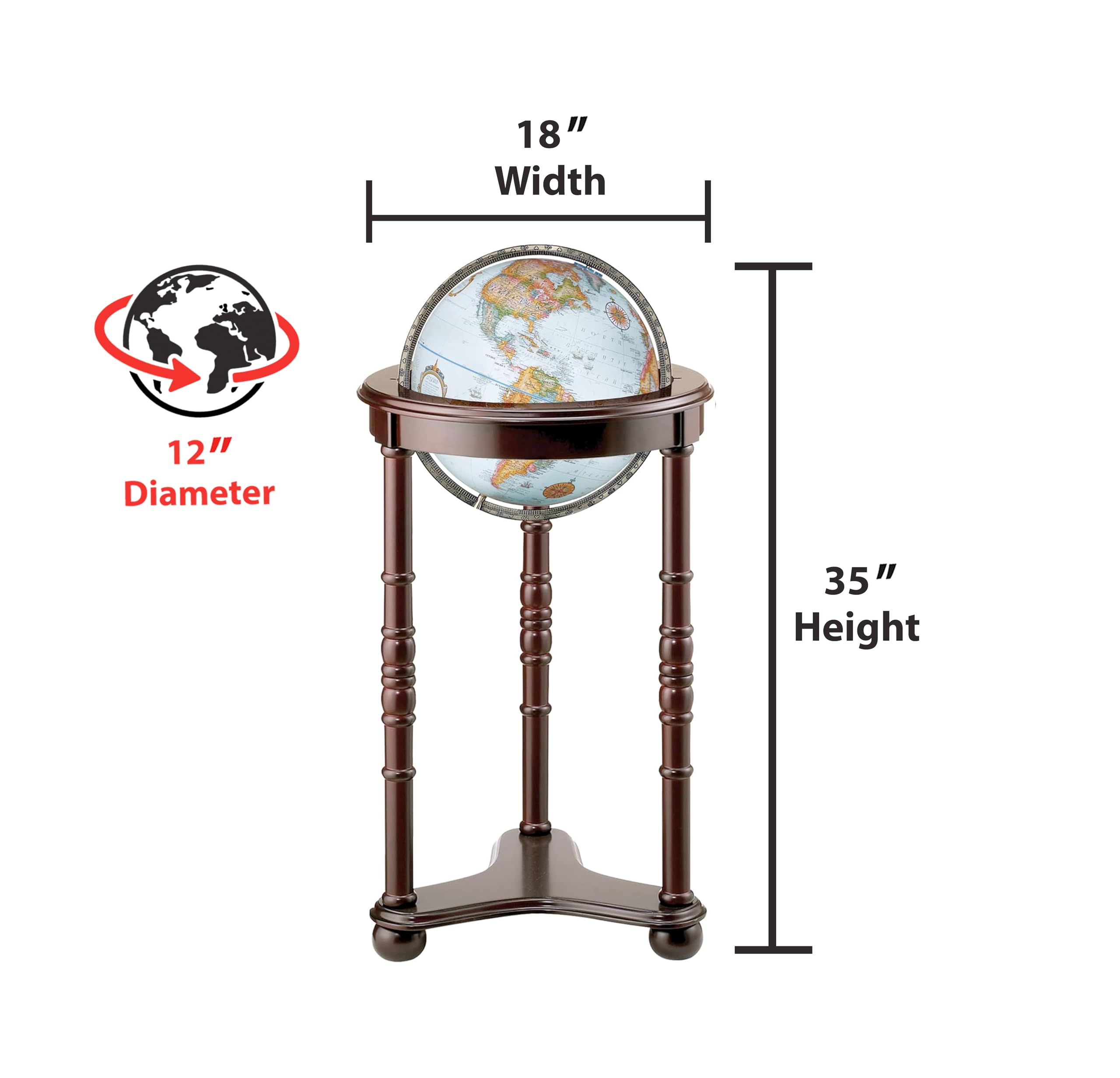 World globe with floor stand, USA Cartography with with Mountain Relief, Cherry Finsihed Hardwood Stand and Blue Ocean Globe Ball. The Lancaster Floor Globe from Replogle Globes is an enduring, classic piece. Standing at nearly three feet tall, the Lancas