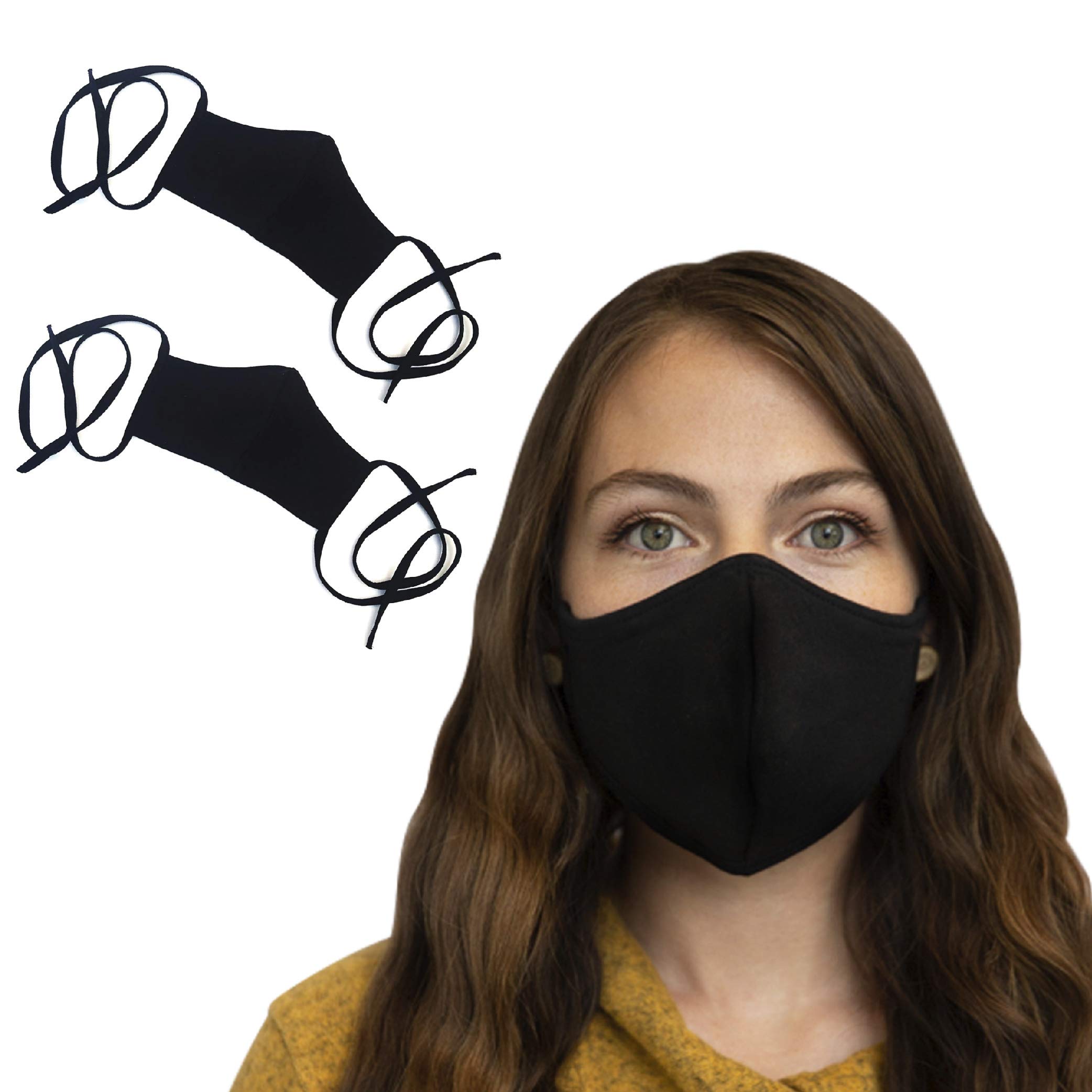 Cotton Face Masks with Long Tie Behind Straps | Dust Mask for Travel & Work | Black | 2 Pack